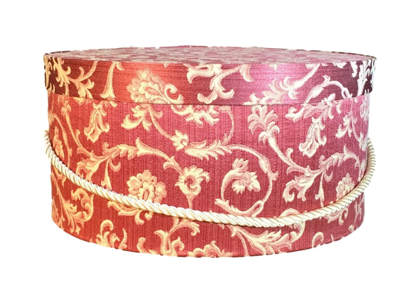 15” Hat Box in Red and Gold Scroll Fabric