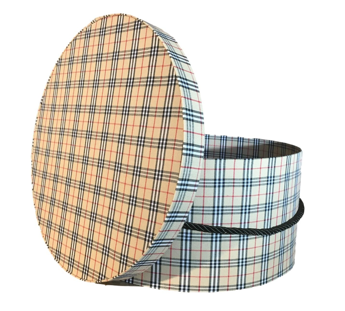Men's 16” Hat Box In Tan, Black, Red Plaid Fabric