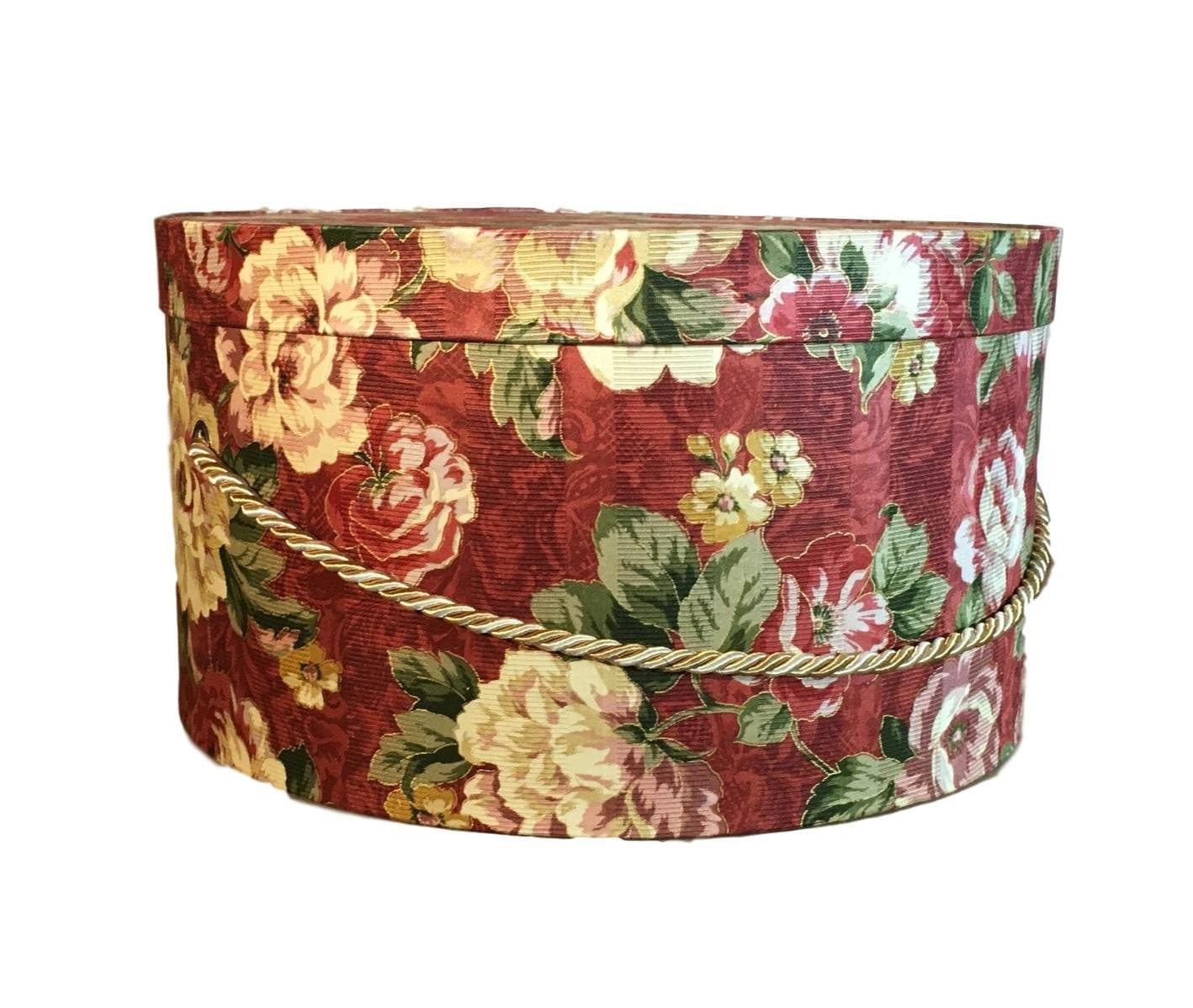 15” Hat Box in Red, Gold, and Cream Floral Fabric