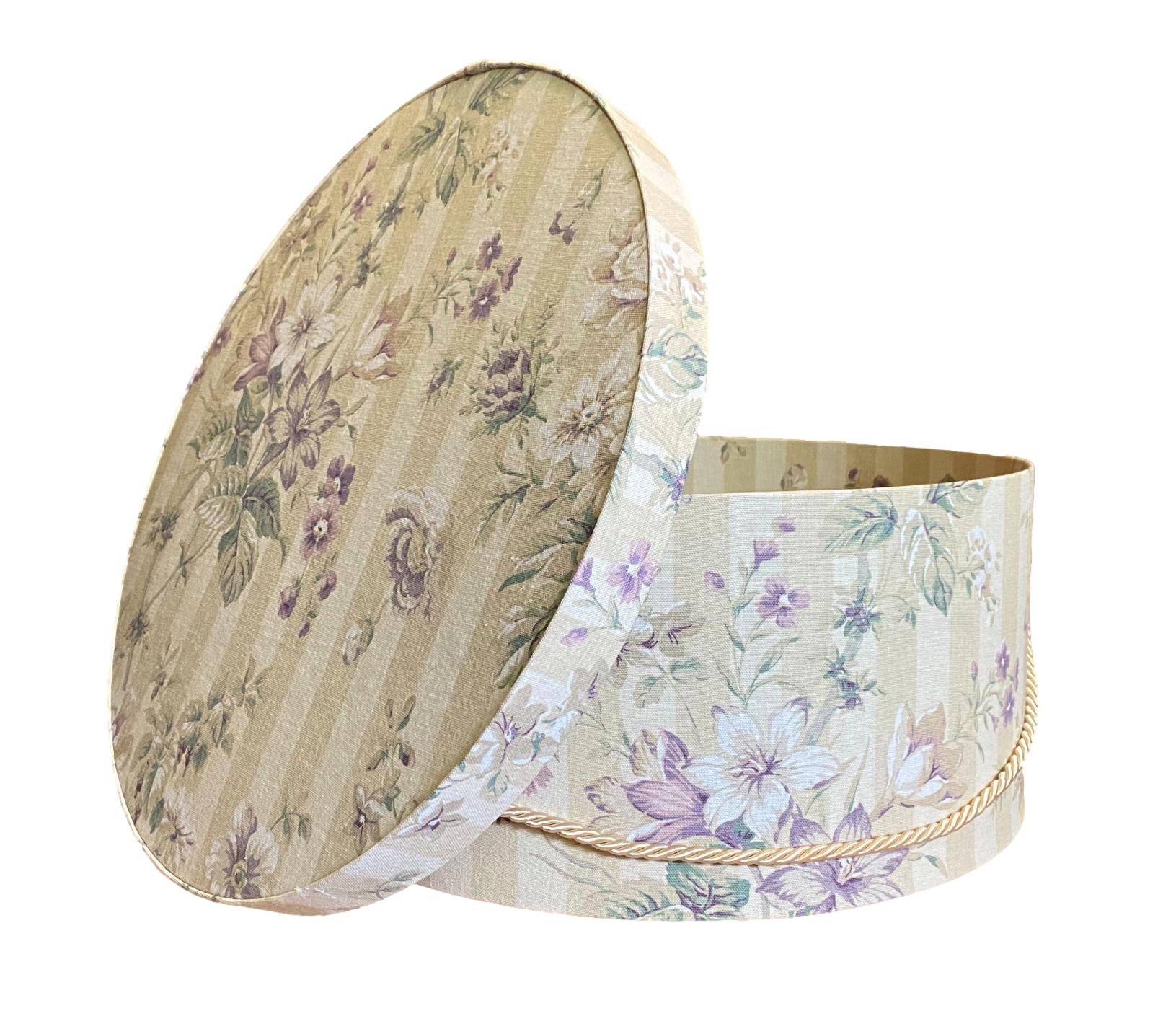 Large 17” Hat Box in Lavender on Tan Floral Stripe Fabric