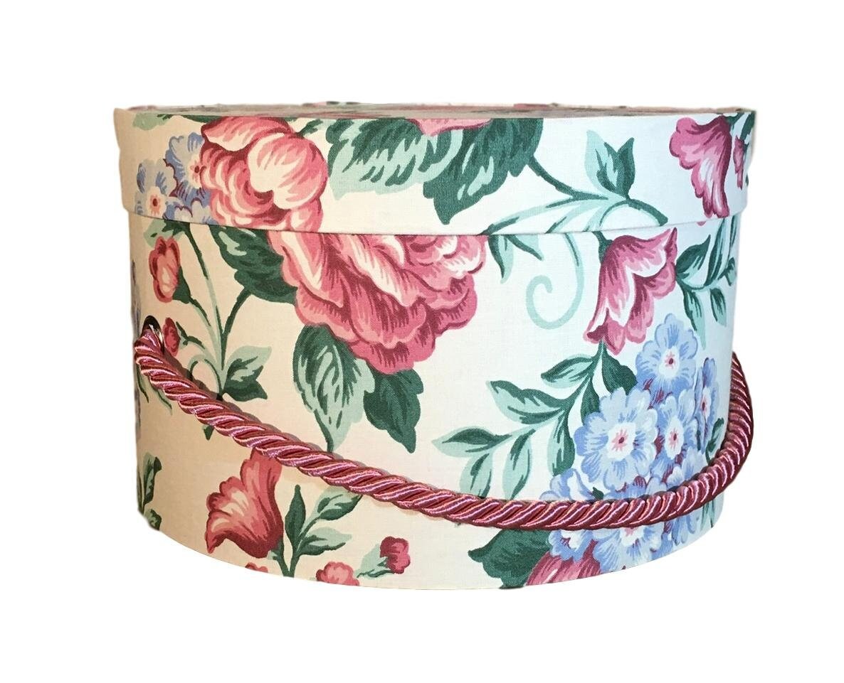 10” Small Hat Box in Pink Roses with Blue Floral Fabric