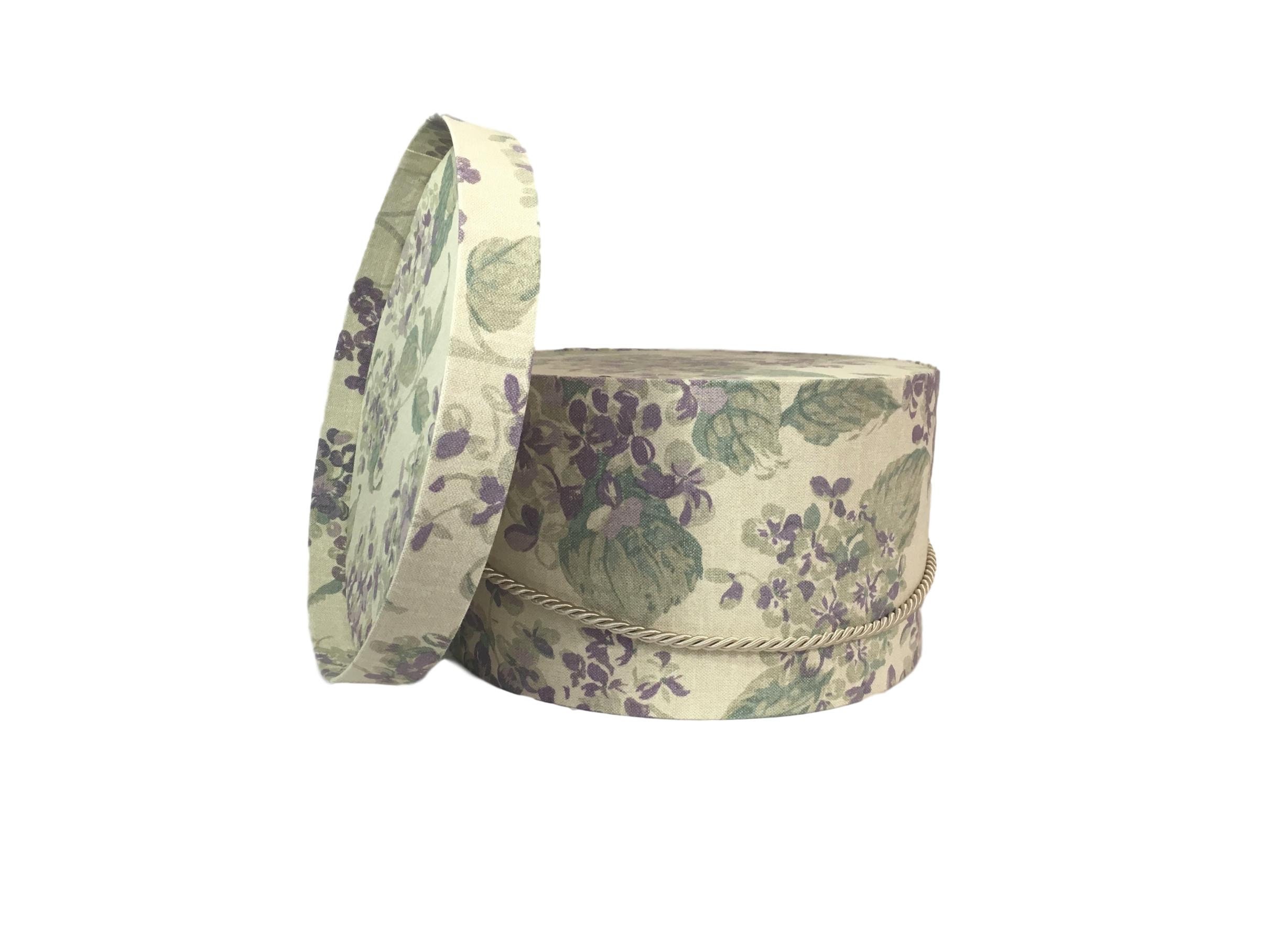 12” Hat Box in Tan and Purple Floral Fabric