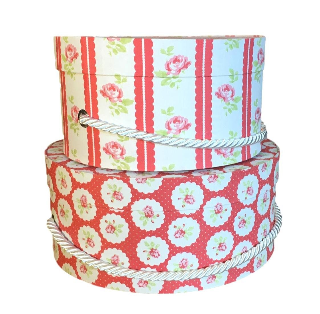 10” and 12” Hat Box Set in Coordinating Red and White Floral Fabric