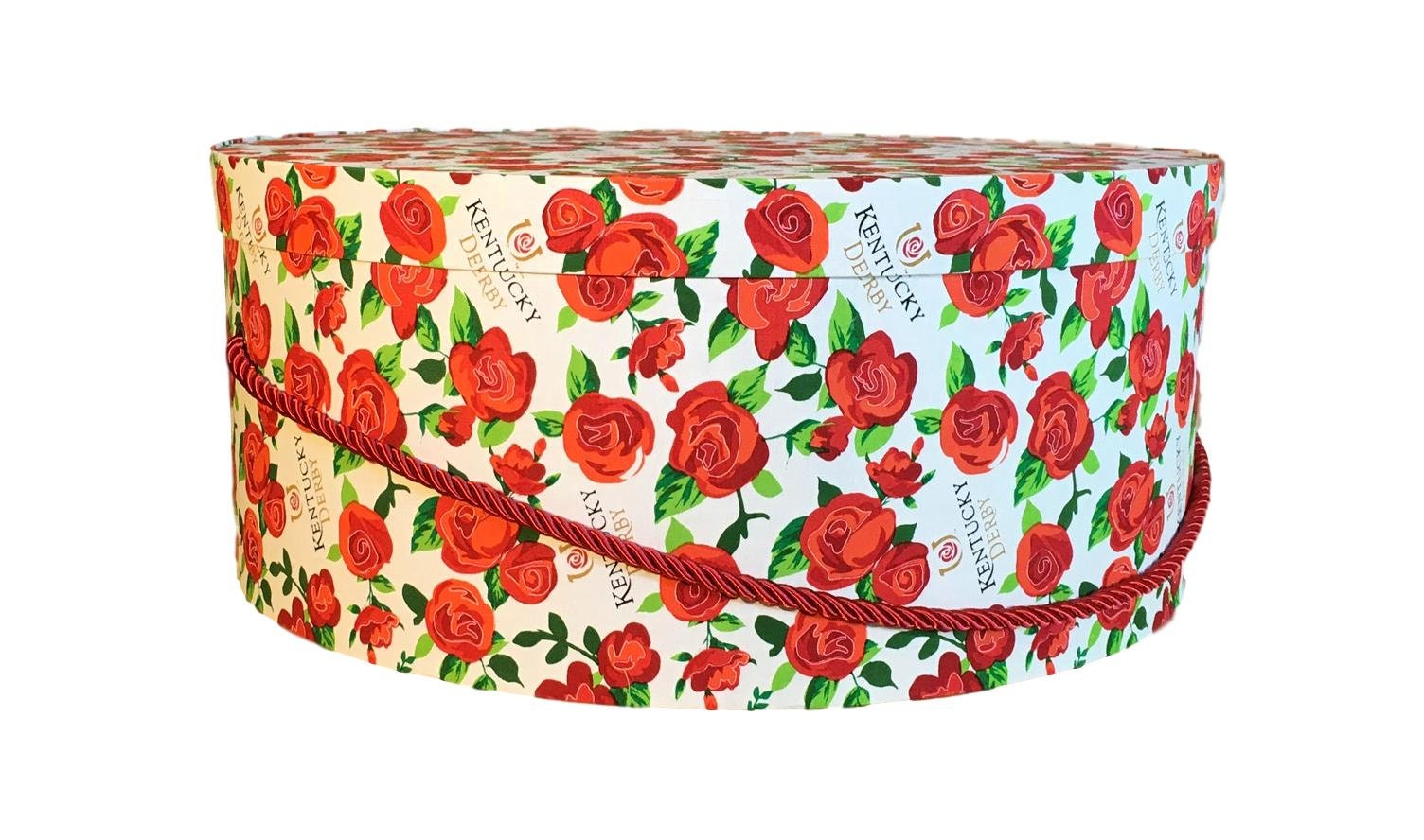 Large 16” Hat Box in Derby Red Roses on White Fabric