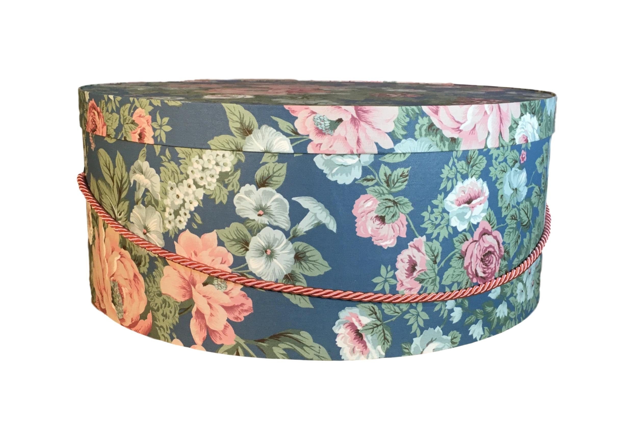 Extra Large 19” Hat Box in Blue and Pink Floral Fabric