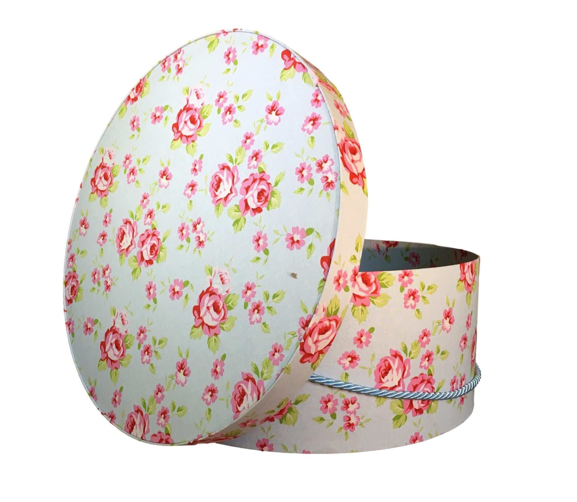 Large 16” Hat Box in Pink Roses on Blue Fabric