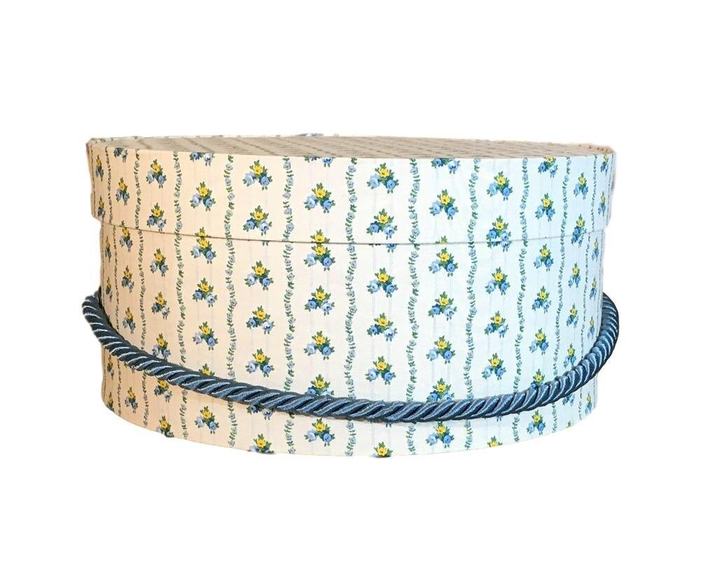Small 11” Hat Box in Blue with Yellow Floral Stripe Fabric