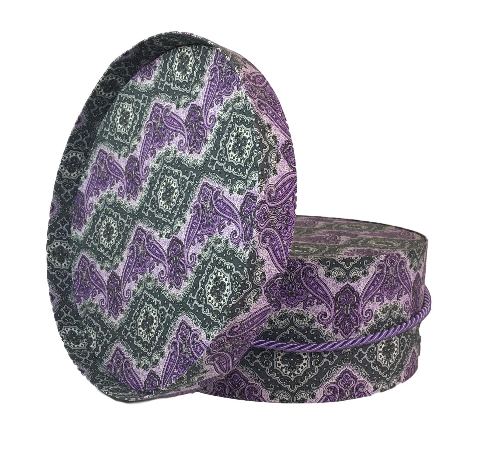 12” Hat Box in Purple and Grey Damask Fabric
