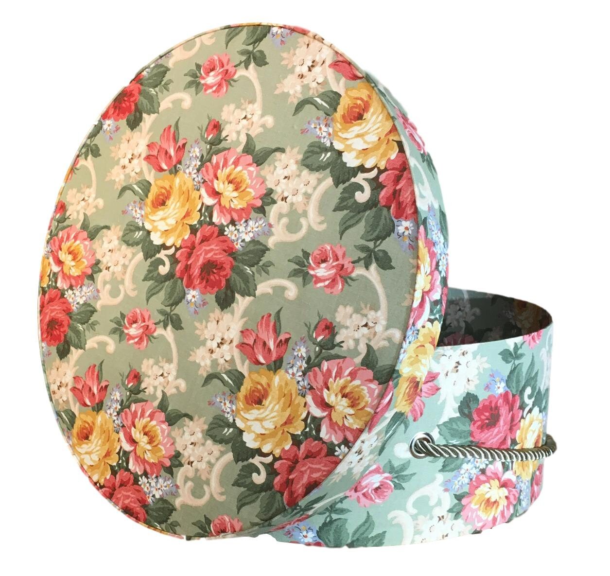 Large 15” Hat Box in Vintage Green Floral Fabric