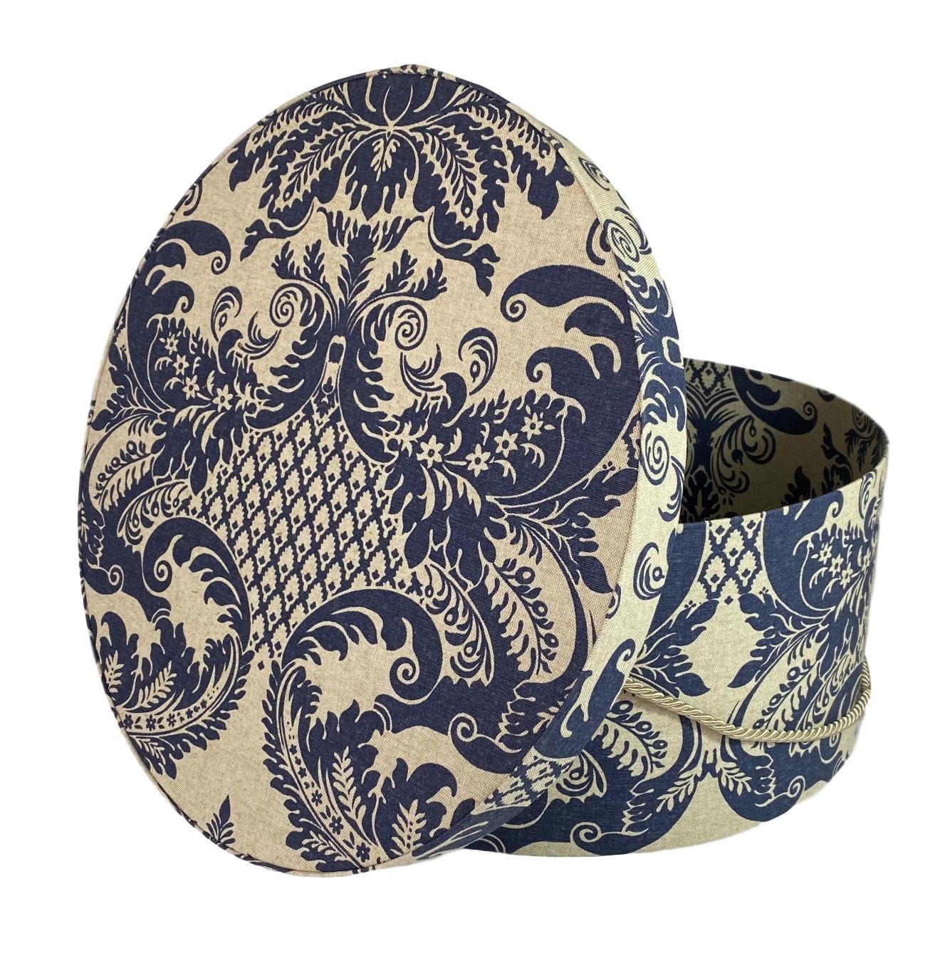 Extra Large 17” Hat Box in Blue on Tan Damask Fabric