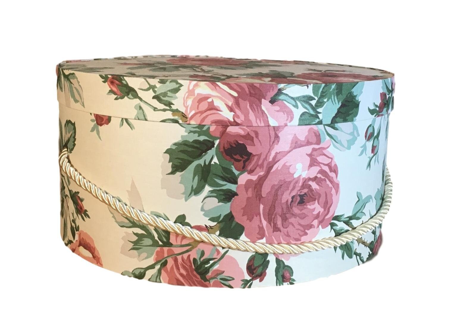 Large 15” Hat Box in Pink Roses Fabric
