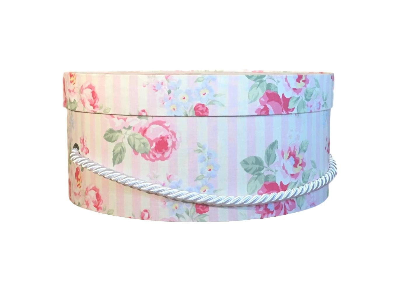 12” Hat Box in Pink Floral Stripe Fabric