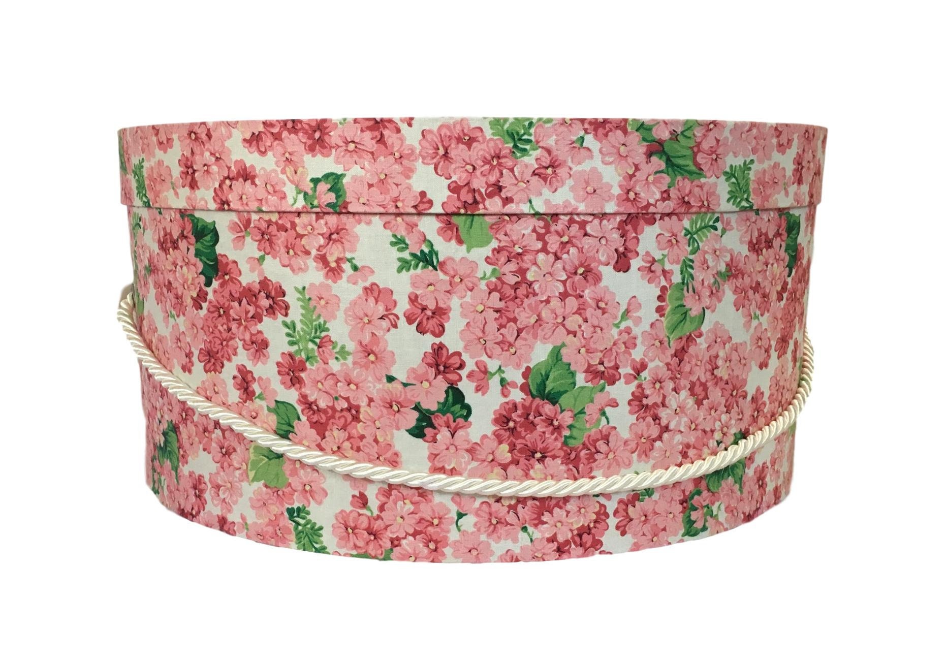 Large 15” Hat Box in Pretty Pink Floral on White Fabric