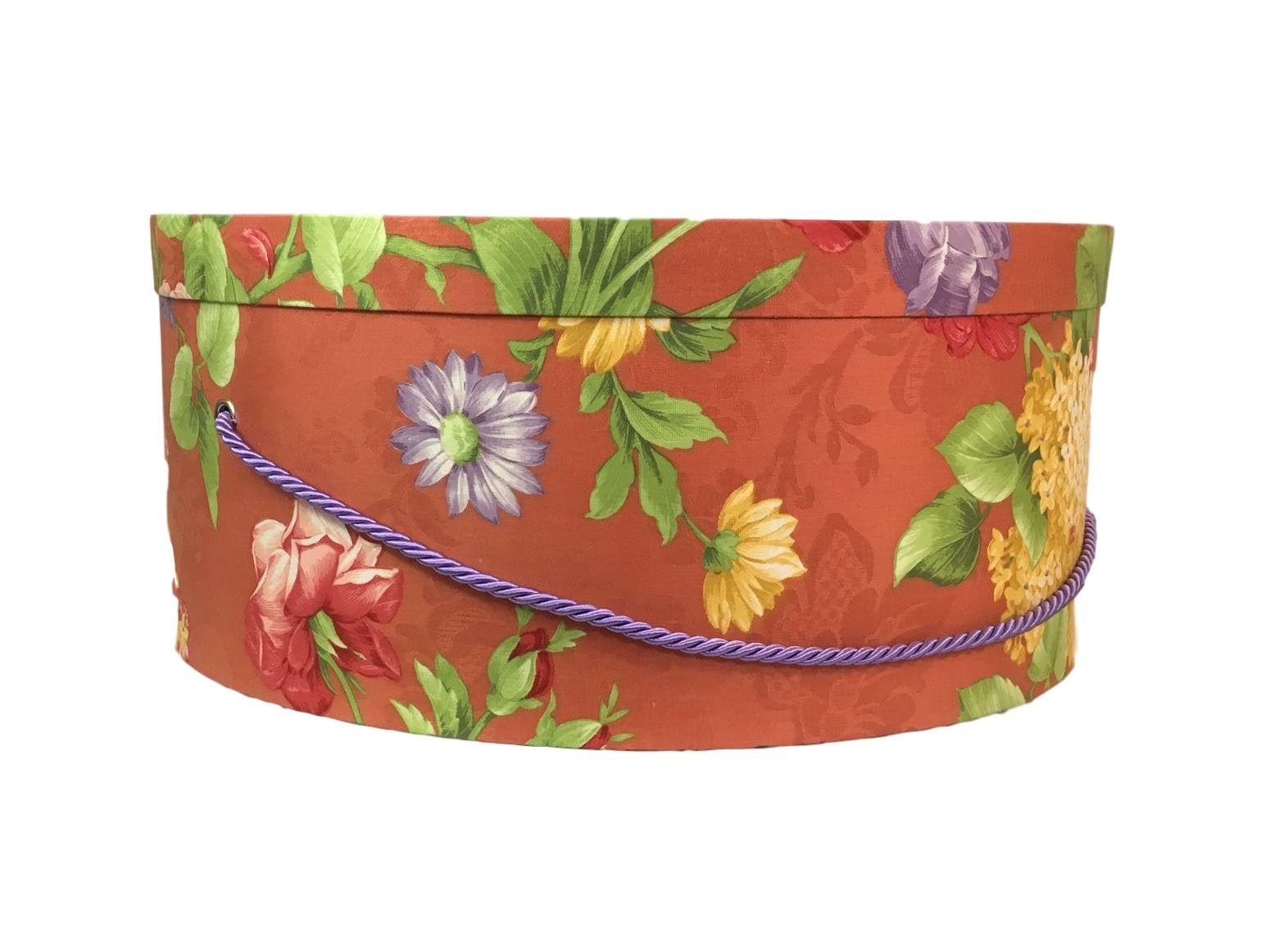 18” Hat Box in Multicolor Floral on Orange Fabric