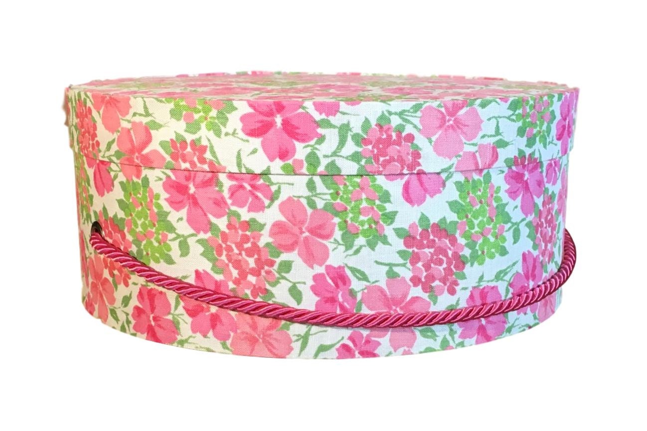 13” Hat Box in Vintage Pink and Green Floral Fabric