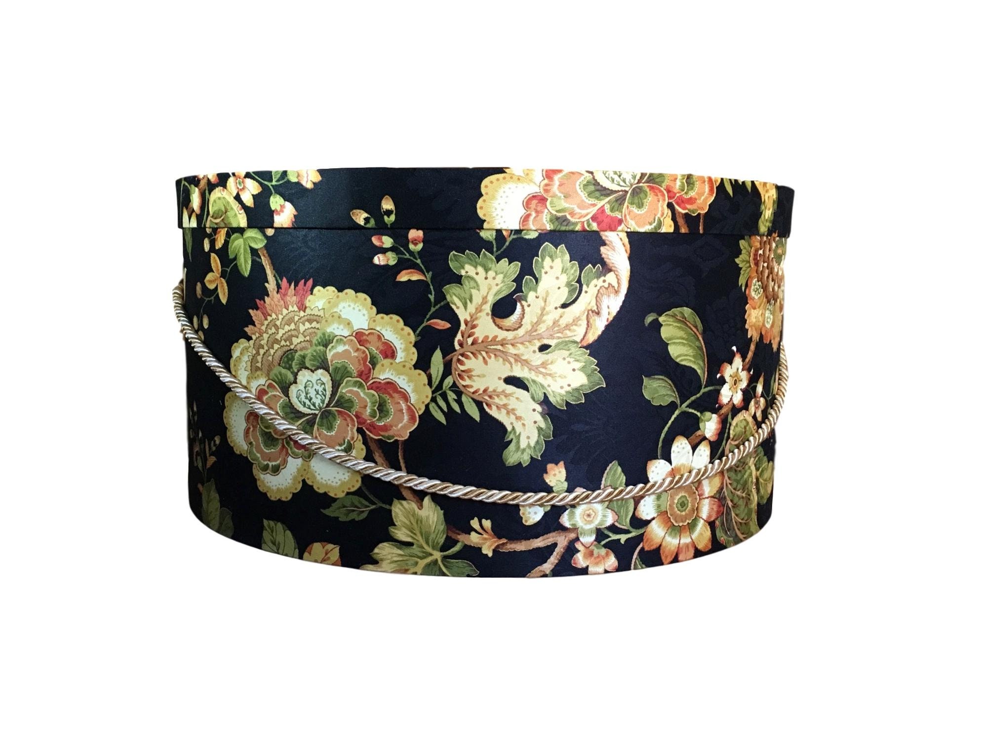 Extra Large 20” Hat Box in Black and Gold Jacobean Fabric