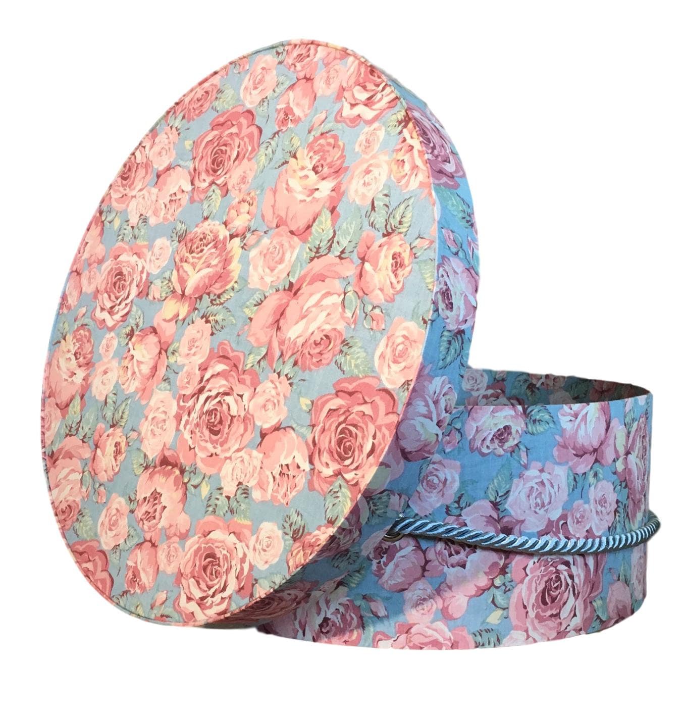 14” Hat Box Pink Roses on Blue Fabric, Decorative Fabric Covered Hat ...