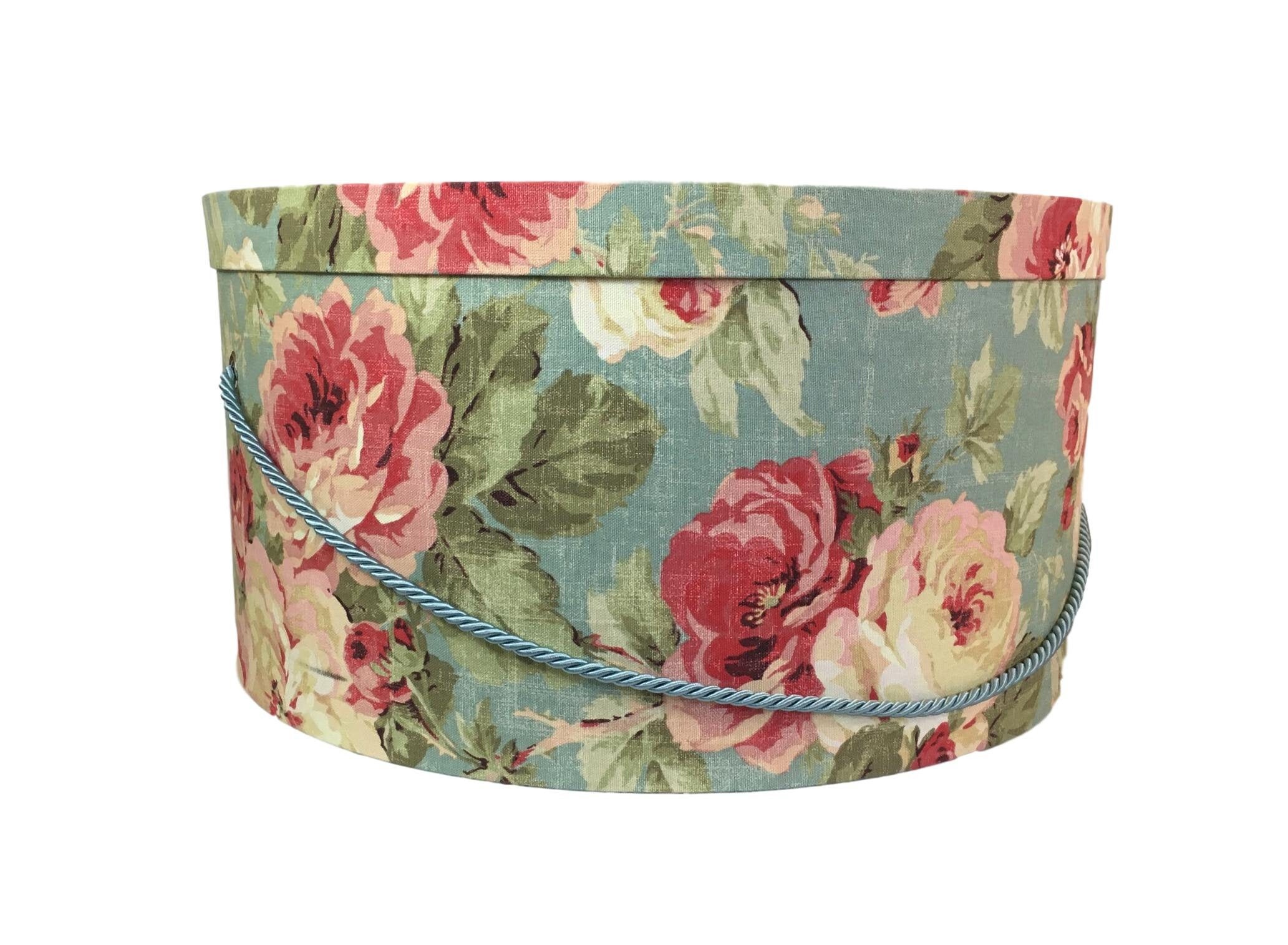 Extra Large 20” Hat Box in Pink Roses on Blue Fabric