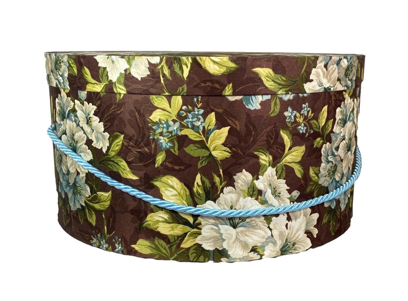 Extra Large 18”x9” Hat Box in Dark Brown Floral Fabric