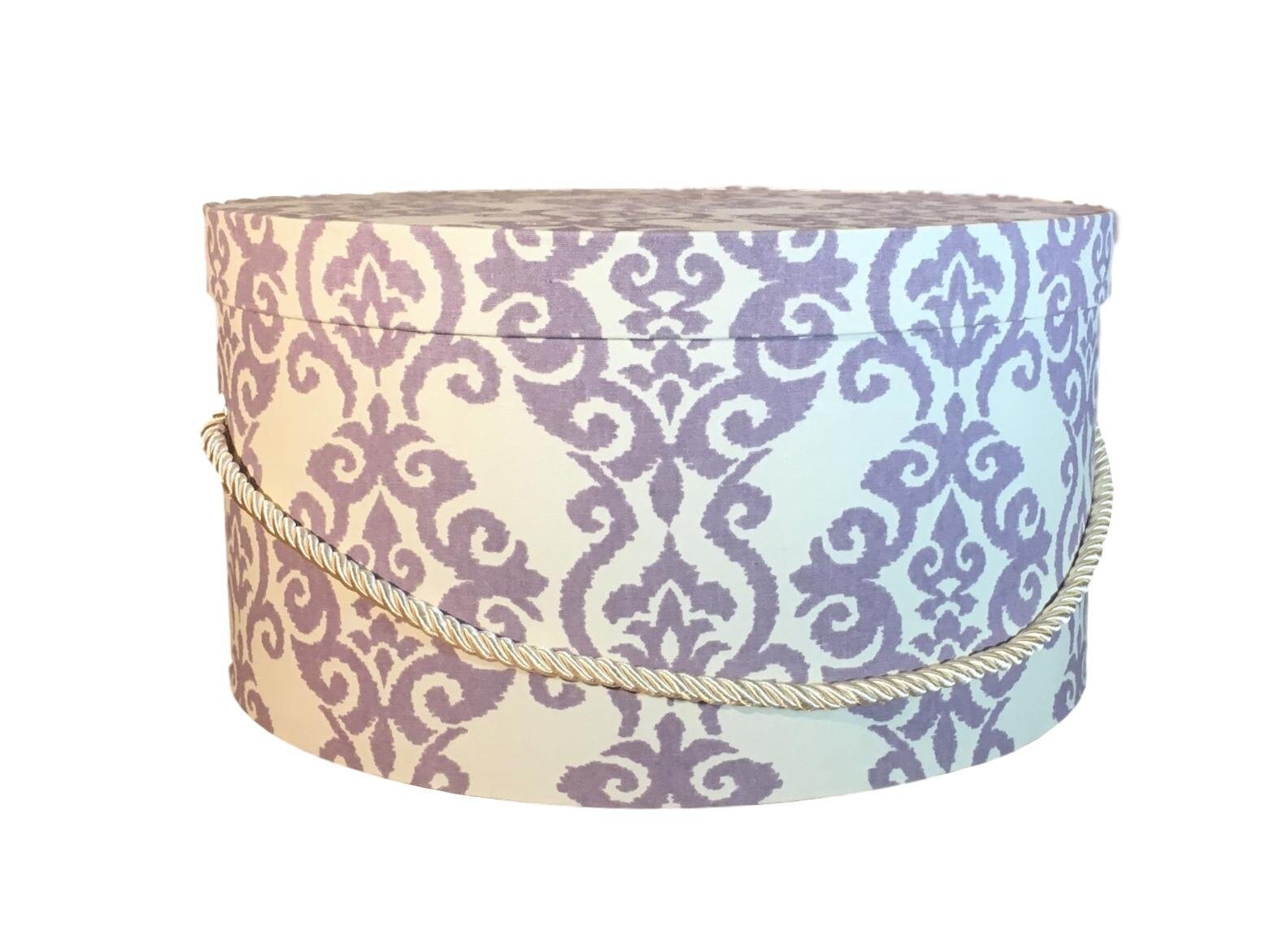 Large 16” Hat Box in Purple Damask Fabric