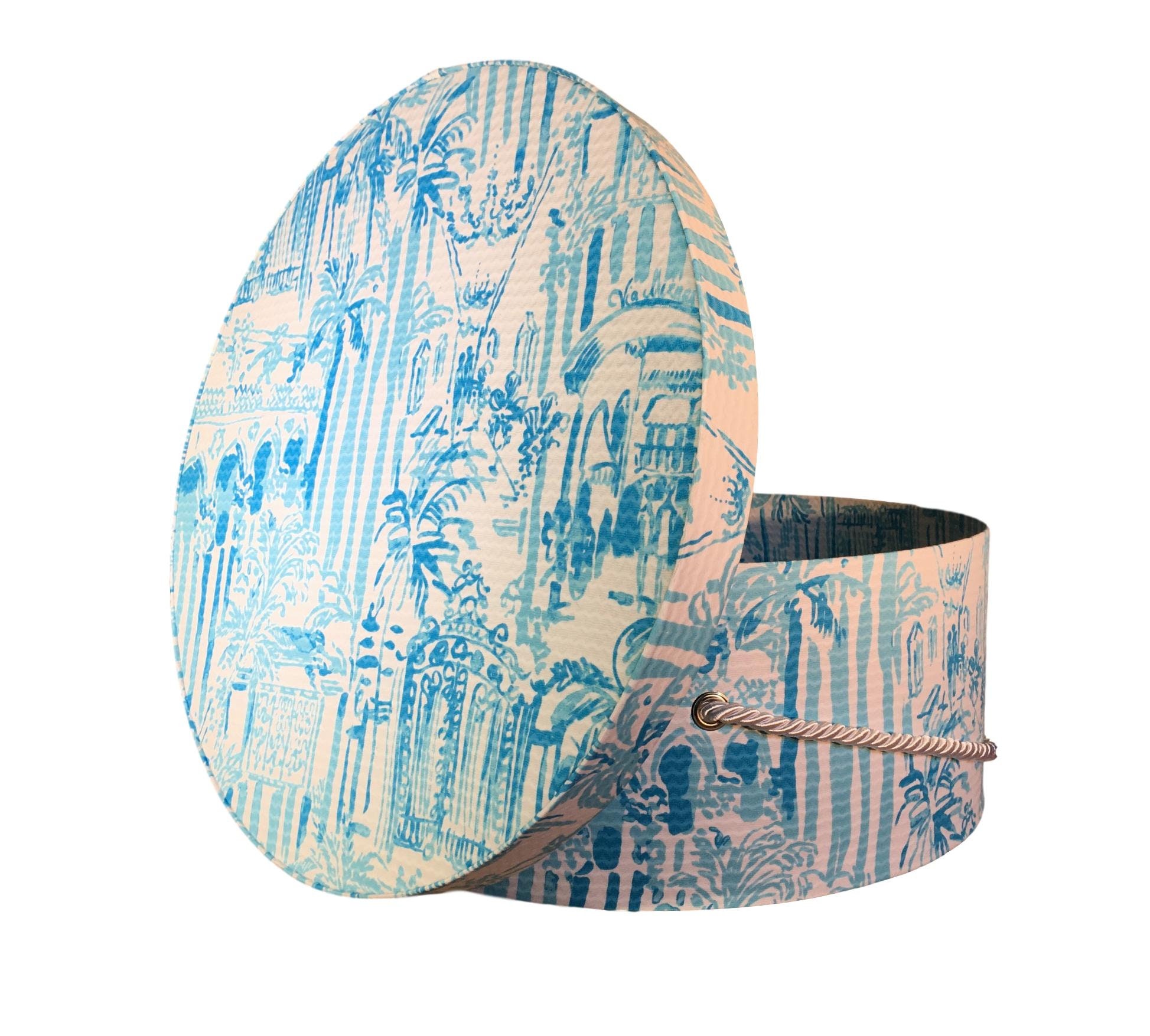 Large 17” Hat Box in Blue and White Tropical Resort Theme Fabric