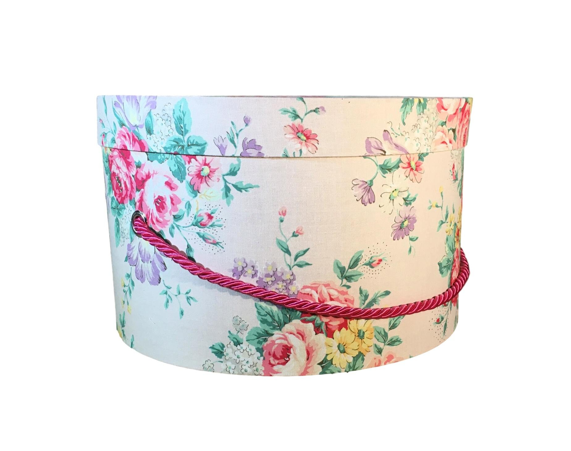12” Hat Box in Purple and Pink Floral on Pale Pink Fabric