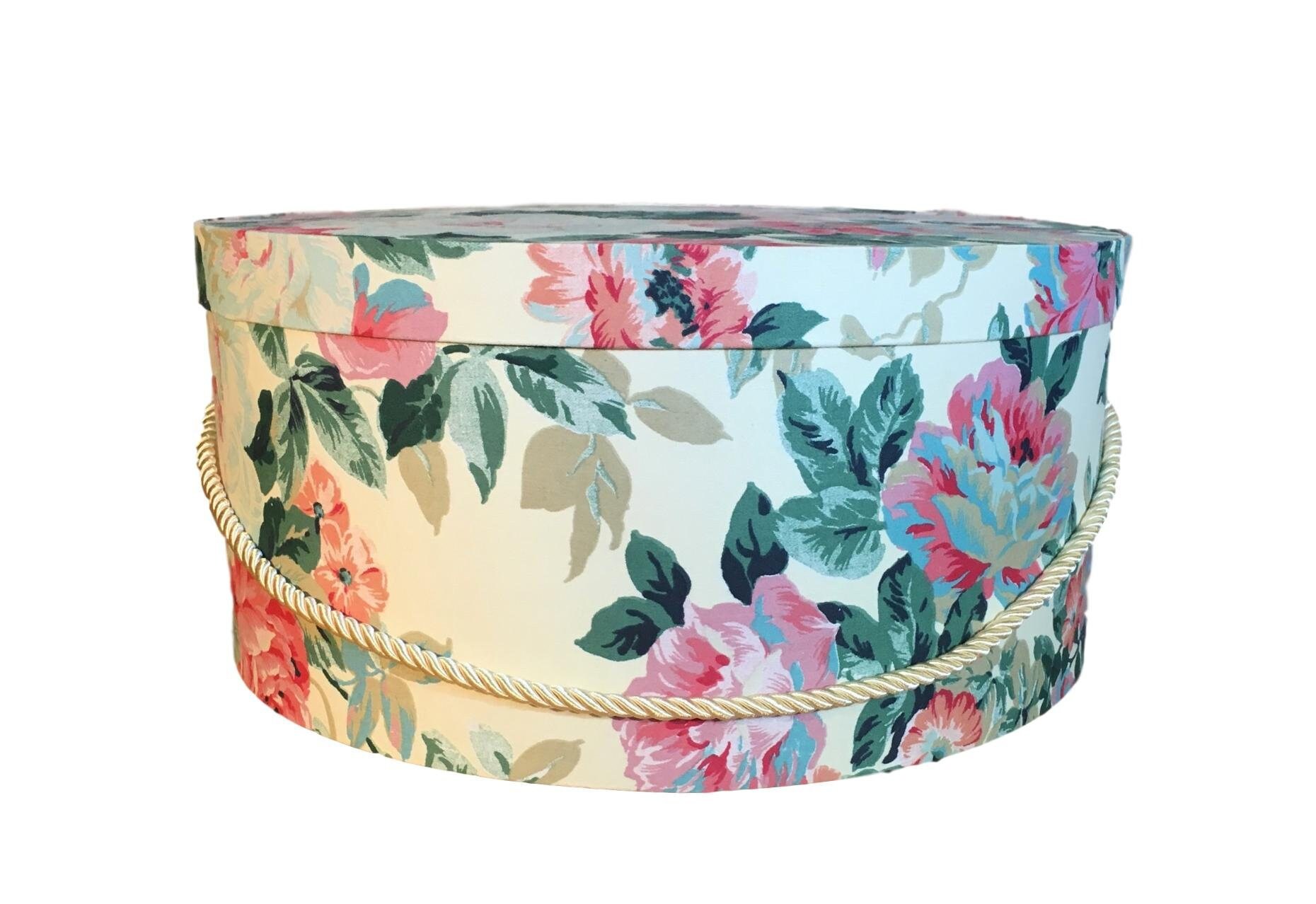 Extra Large 20” Hat Box in Floral On Buttercream Fabric