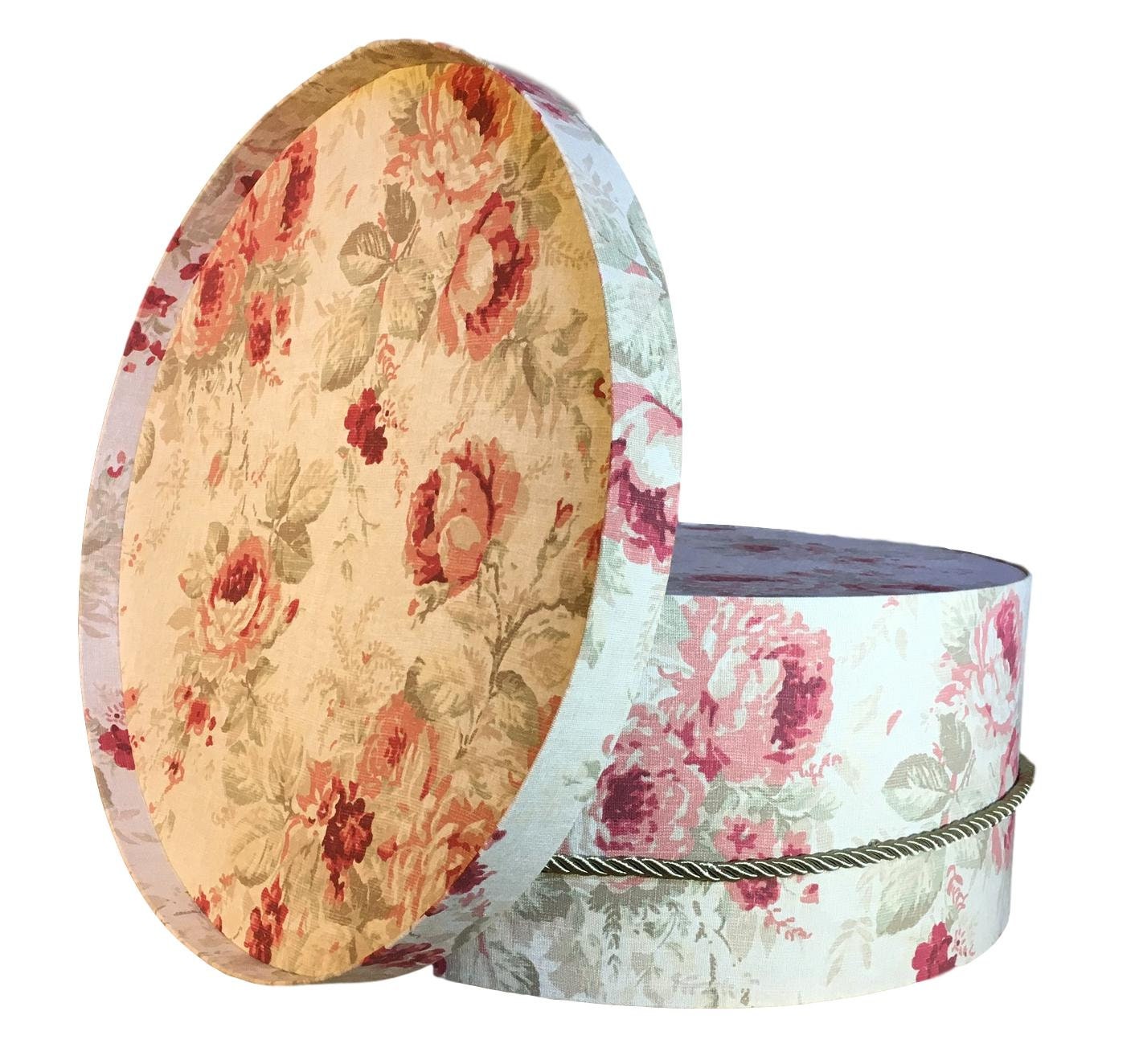 Extra Large 18” Hat Box in Tan and Rose Floral Fabric