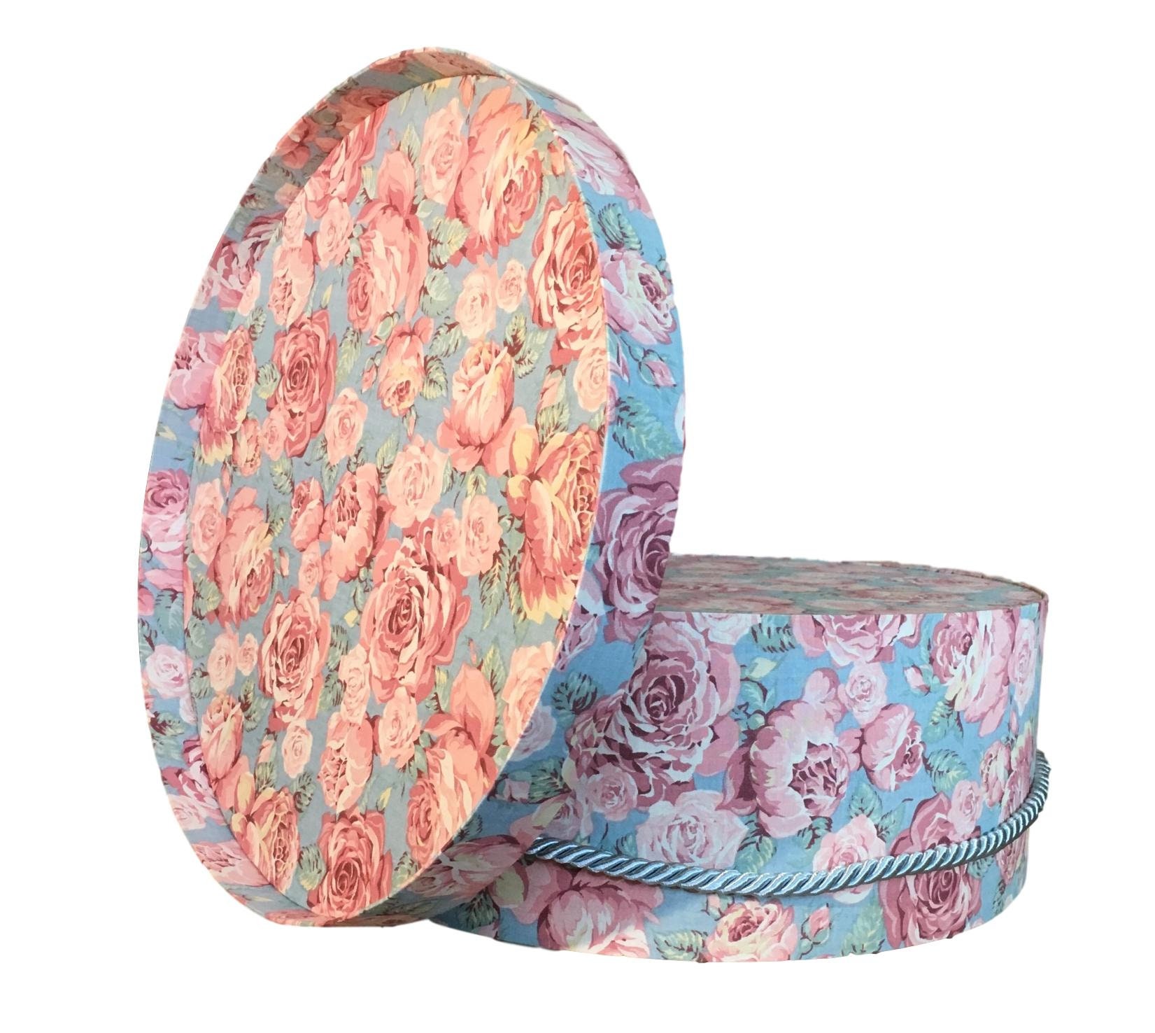 14” Hat Box Pink Roses on Blue Fabric, Decorative Fabric Covered Hat ...