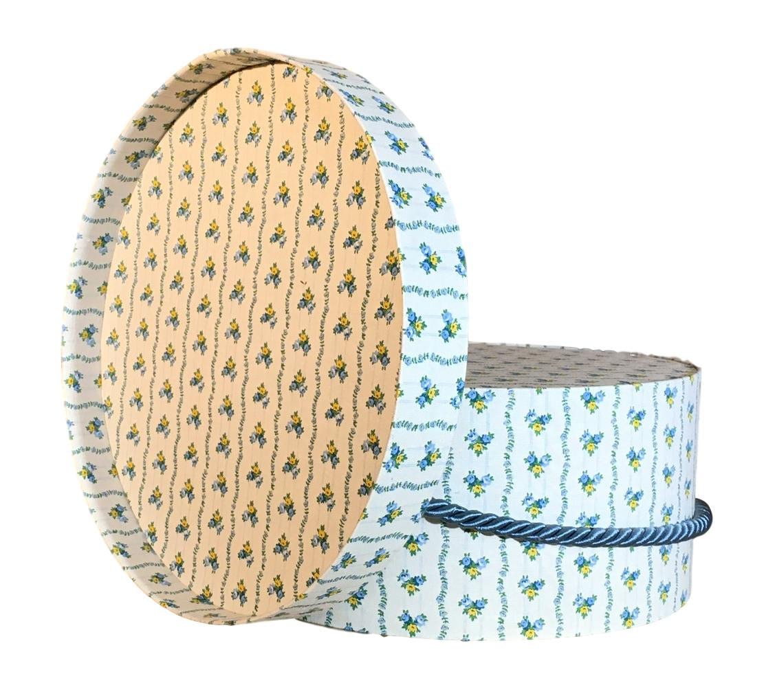 Small 11” Hat Box in Blue with Yellow Floral Stripe Fabric