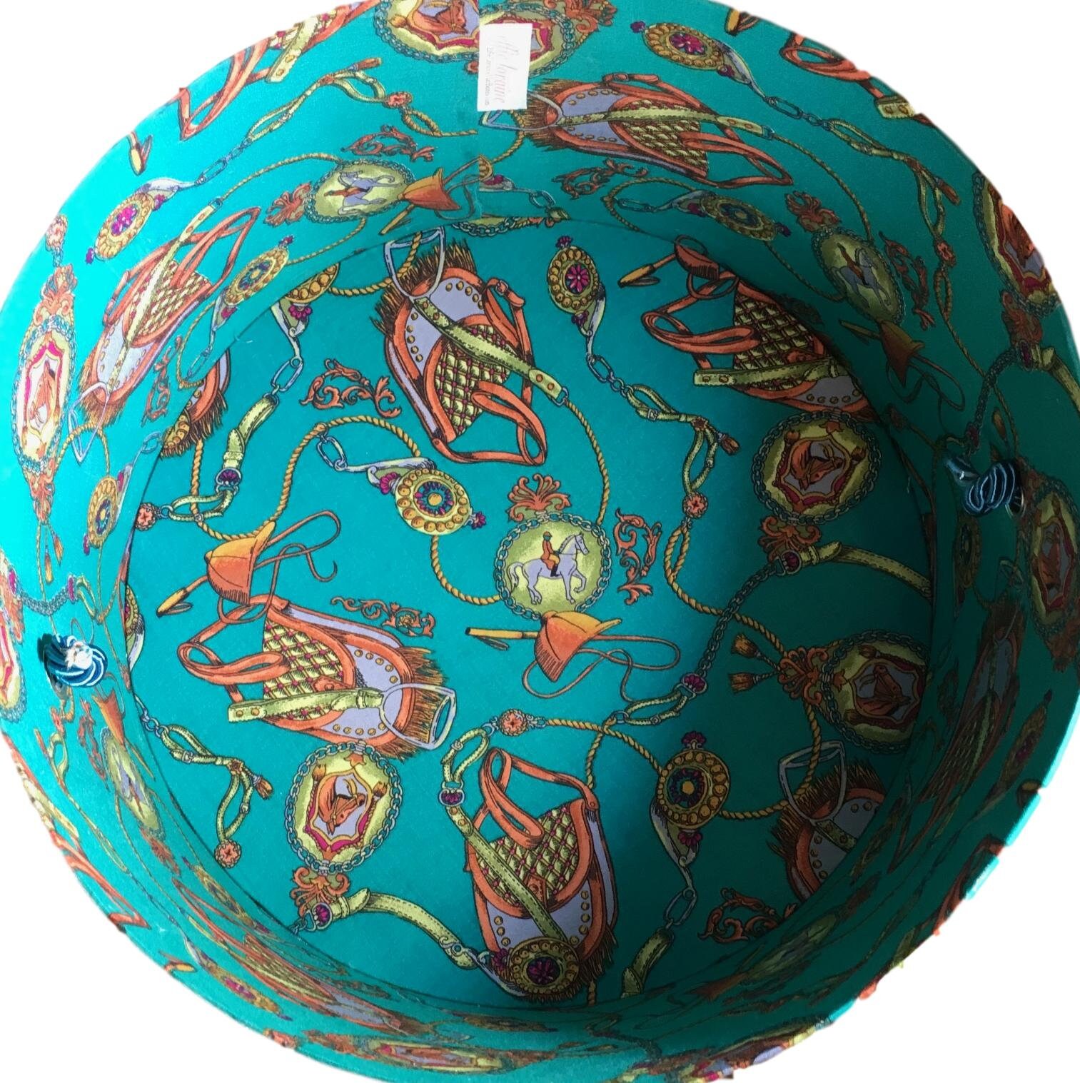 14” Hat Box in Equestrian Tack Themed Teal Fabric