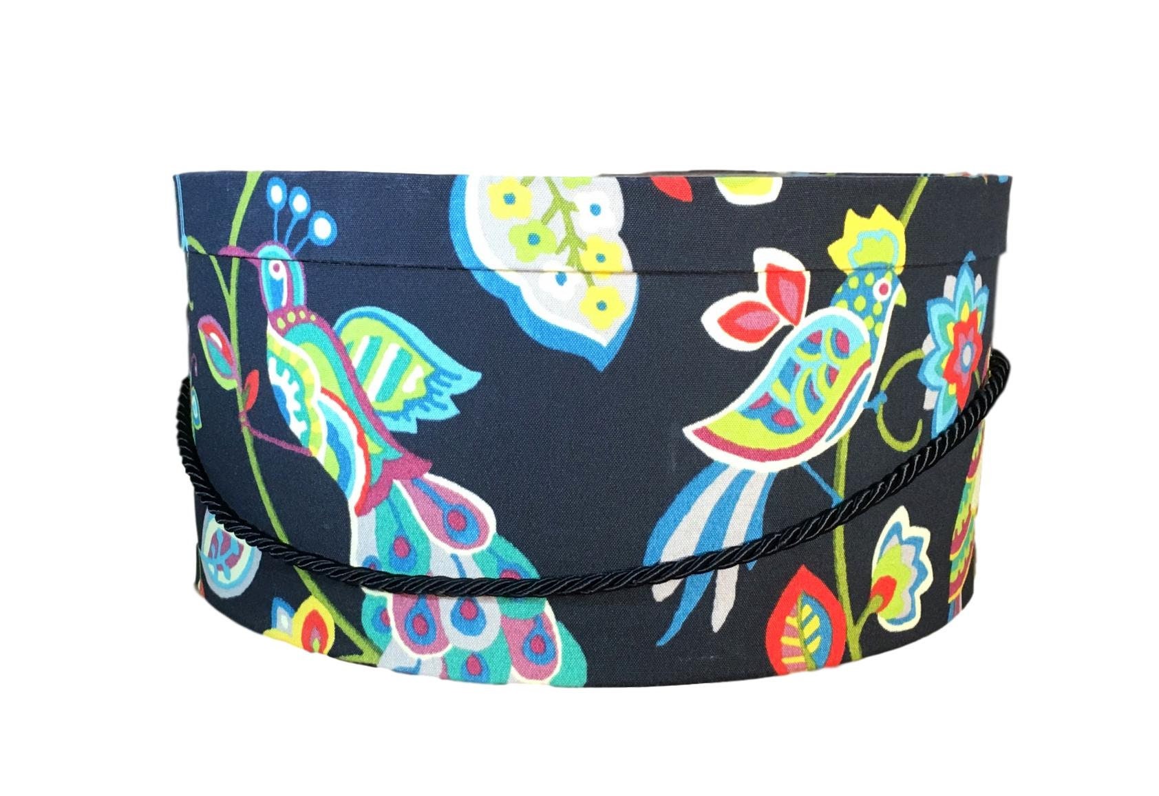 Reserved for Patty 17” Large Hat Box in Colorful Birds on Black Fabric ...
