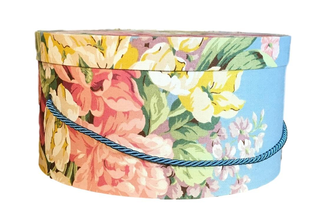 Large 16” Hat Box in Vintage Blue Floral Linen Fabric
