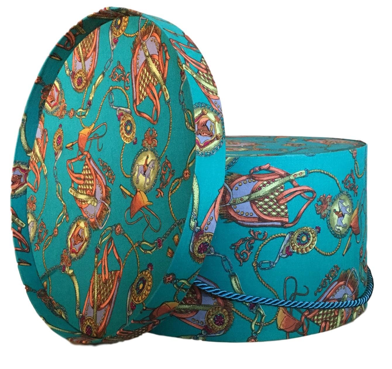 14” Hat Box in Equestrian Tack Themed Teal Fabric