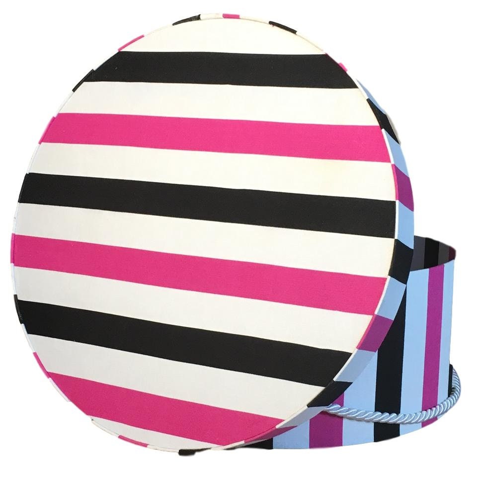 12” Hat Box in Black, Pink, and White Stripe Fabric