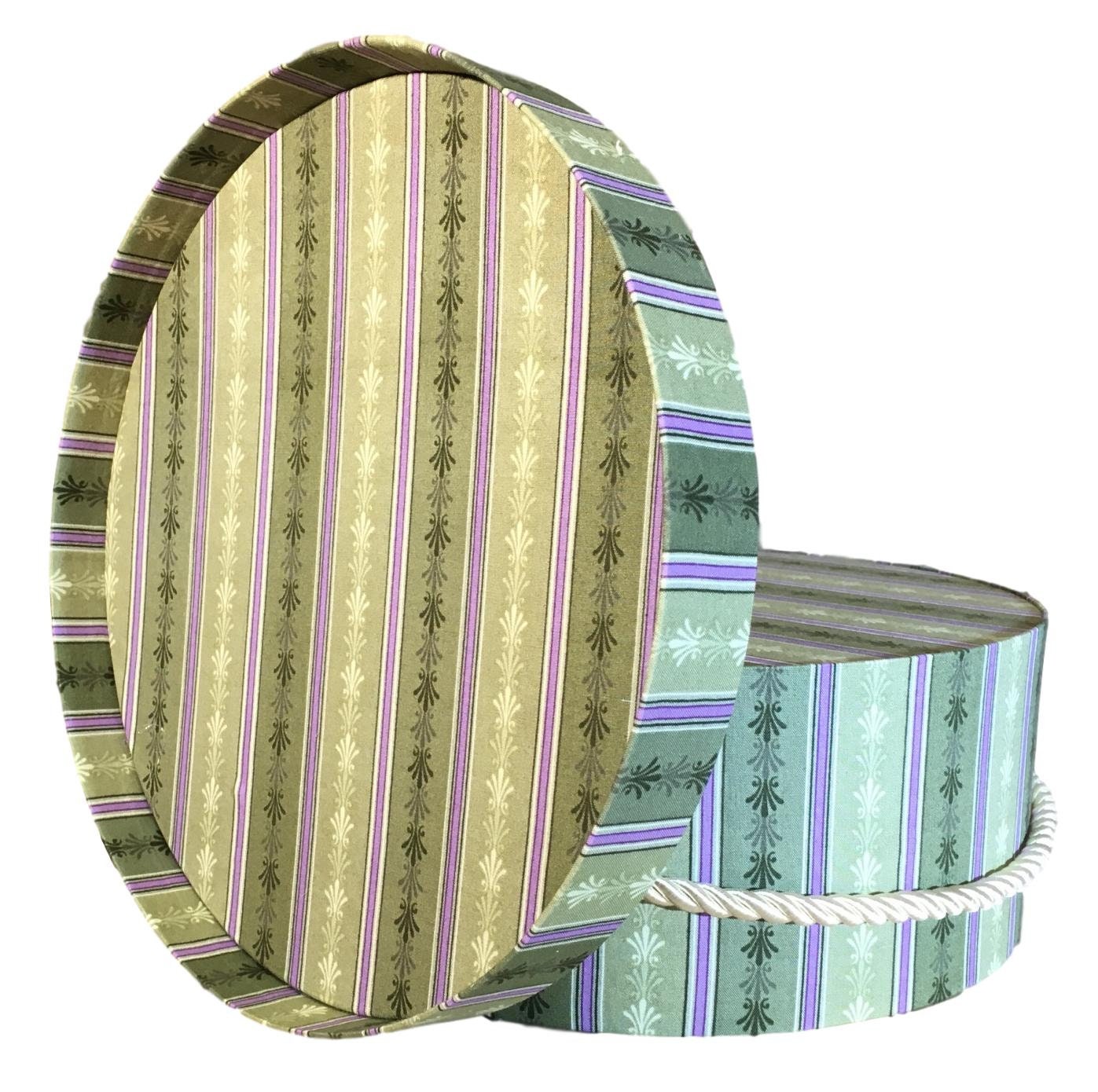 12” Hat Box in Olive Green and Purple Stripe Fabric