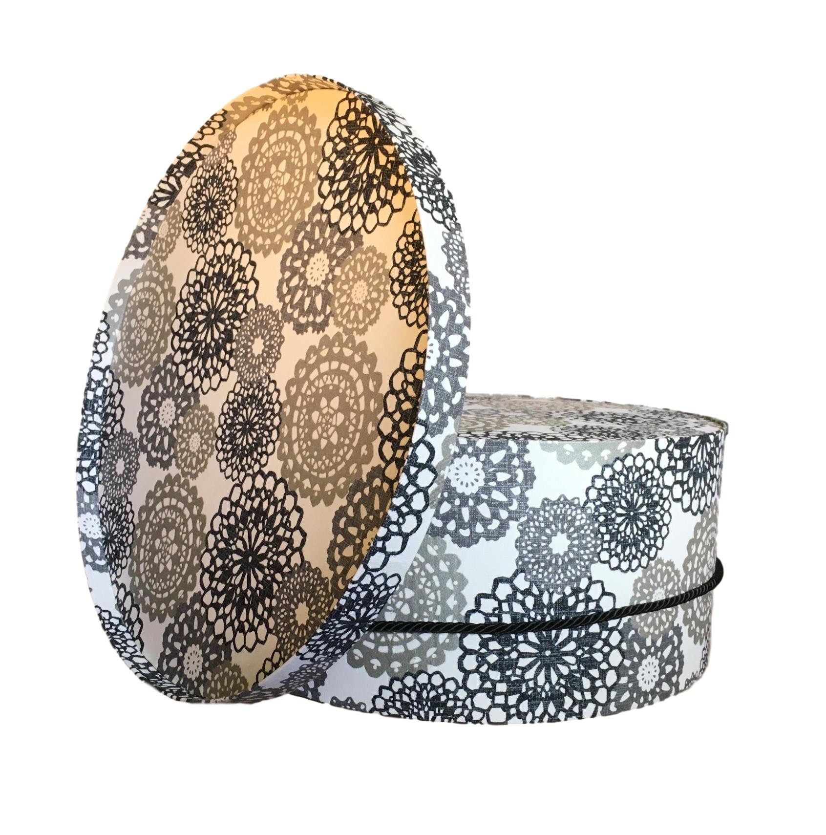 Extra Large 20” Hat Box in Black Silver and White Fabric