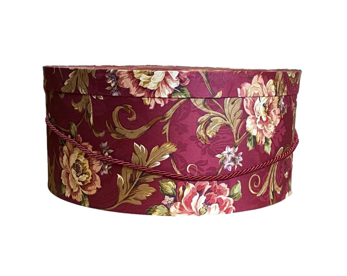 Extra Large 16”x8” Hat Box in Burgundy Floral Scroll Fabric