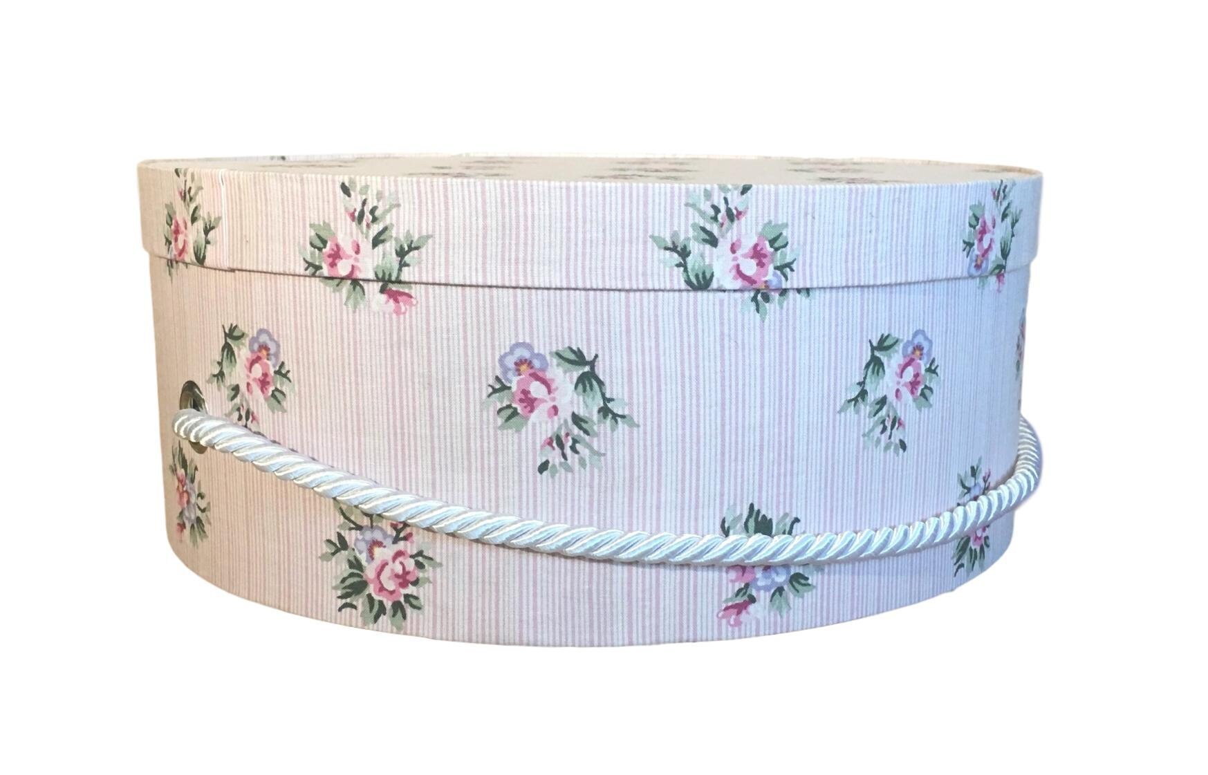 Small 11”Hat Box in Pink Floral Stripe Fabric