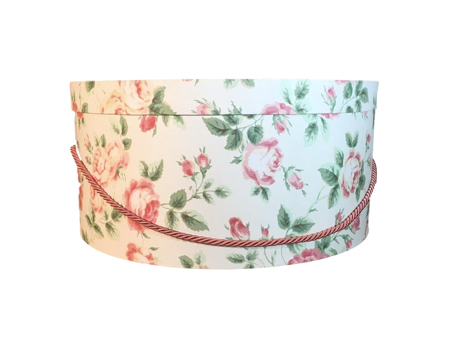 Large 17” Hat Box in Pink Floral on Cream Fabric