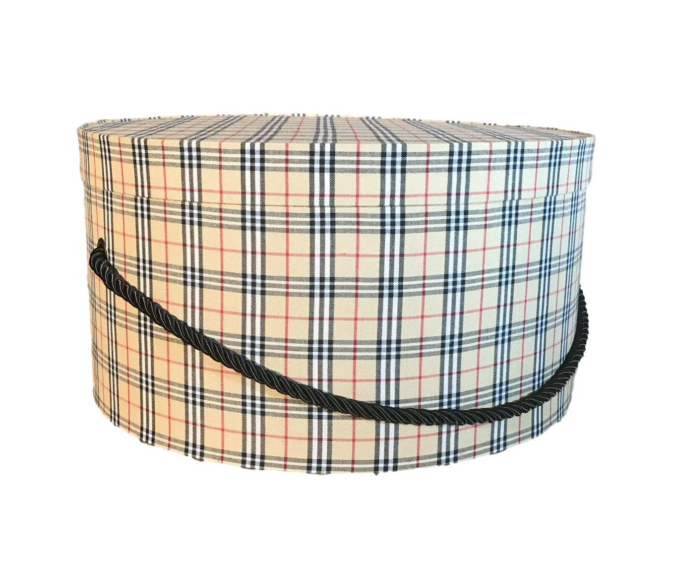 Men's 16” Hat Box In Tan, Black, Red Plaid Fabric