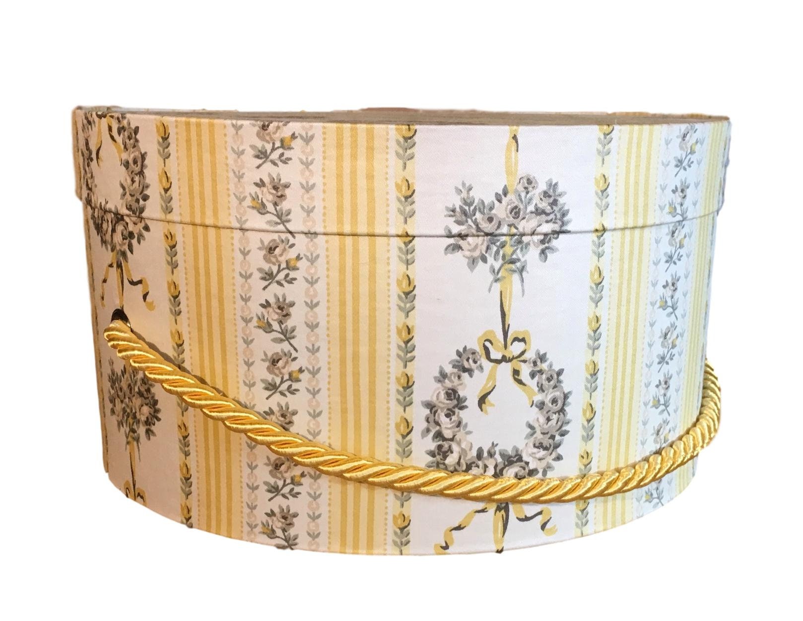 12” Hat Box in Yellow Floral Stripe Fabric