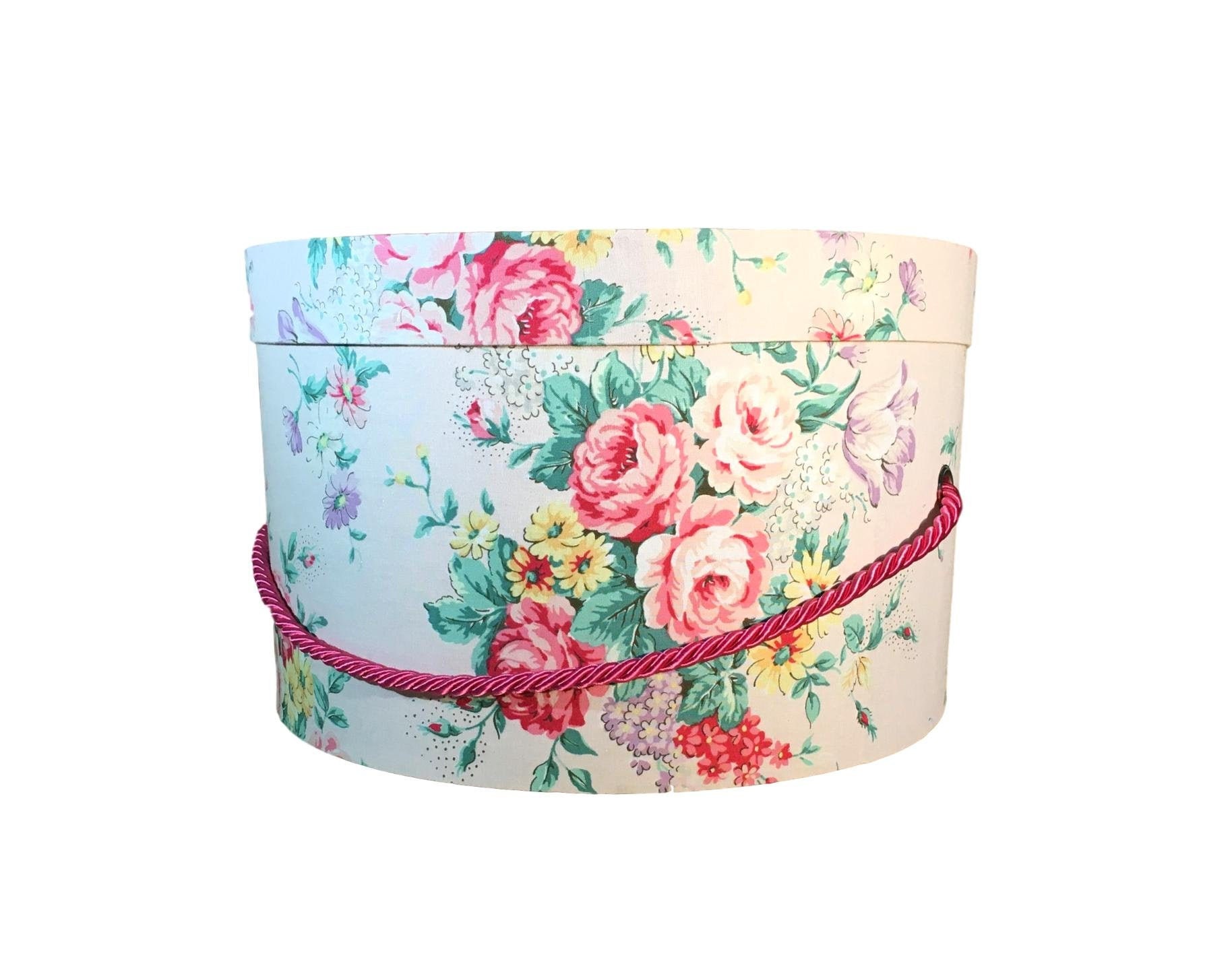 12” Hat Box in Purple and Pink Floral on Pale Pink Fabric