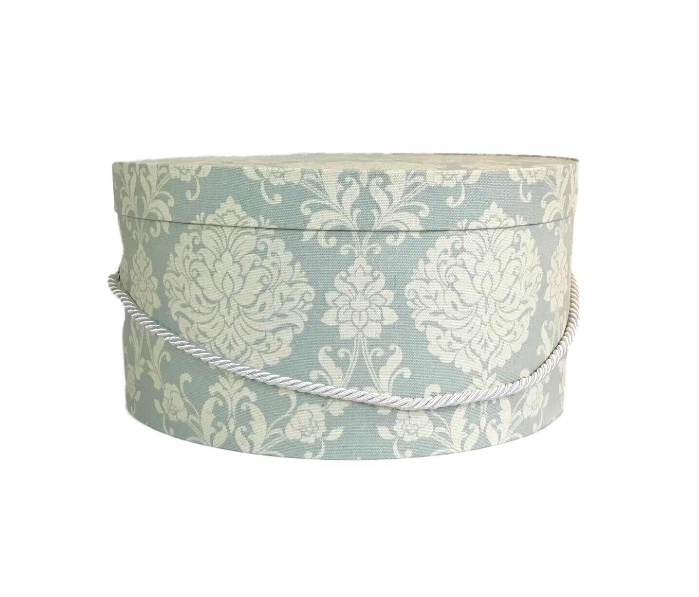 14” Hat Box in Blue and White Damask Fabric