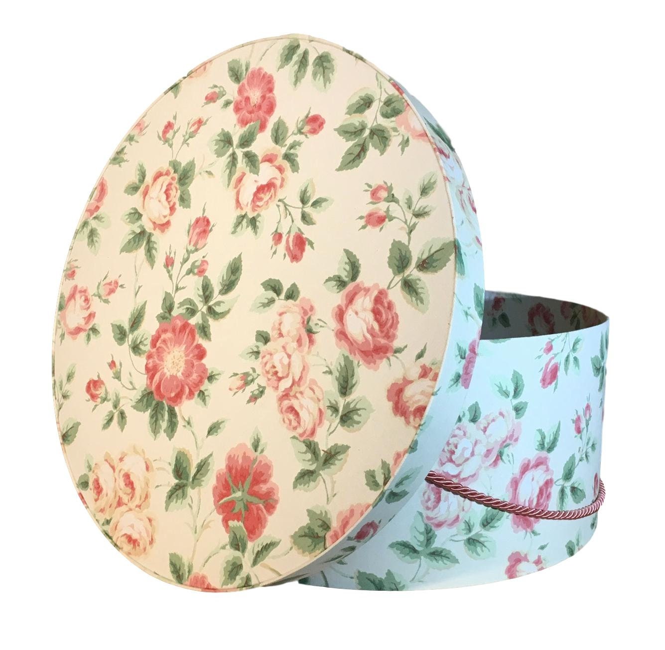 Large 17” Hat Box in Pink Floral on Cream Fabric