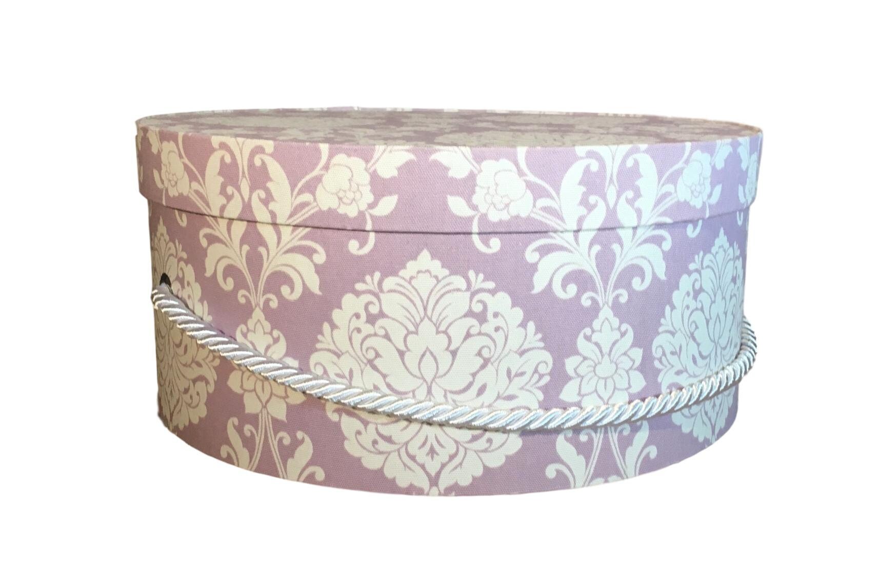 14” Hat Box in Purple and White Damask Fabric