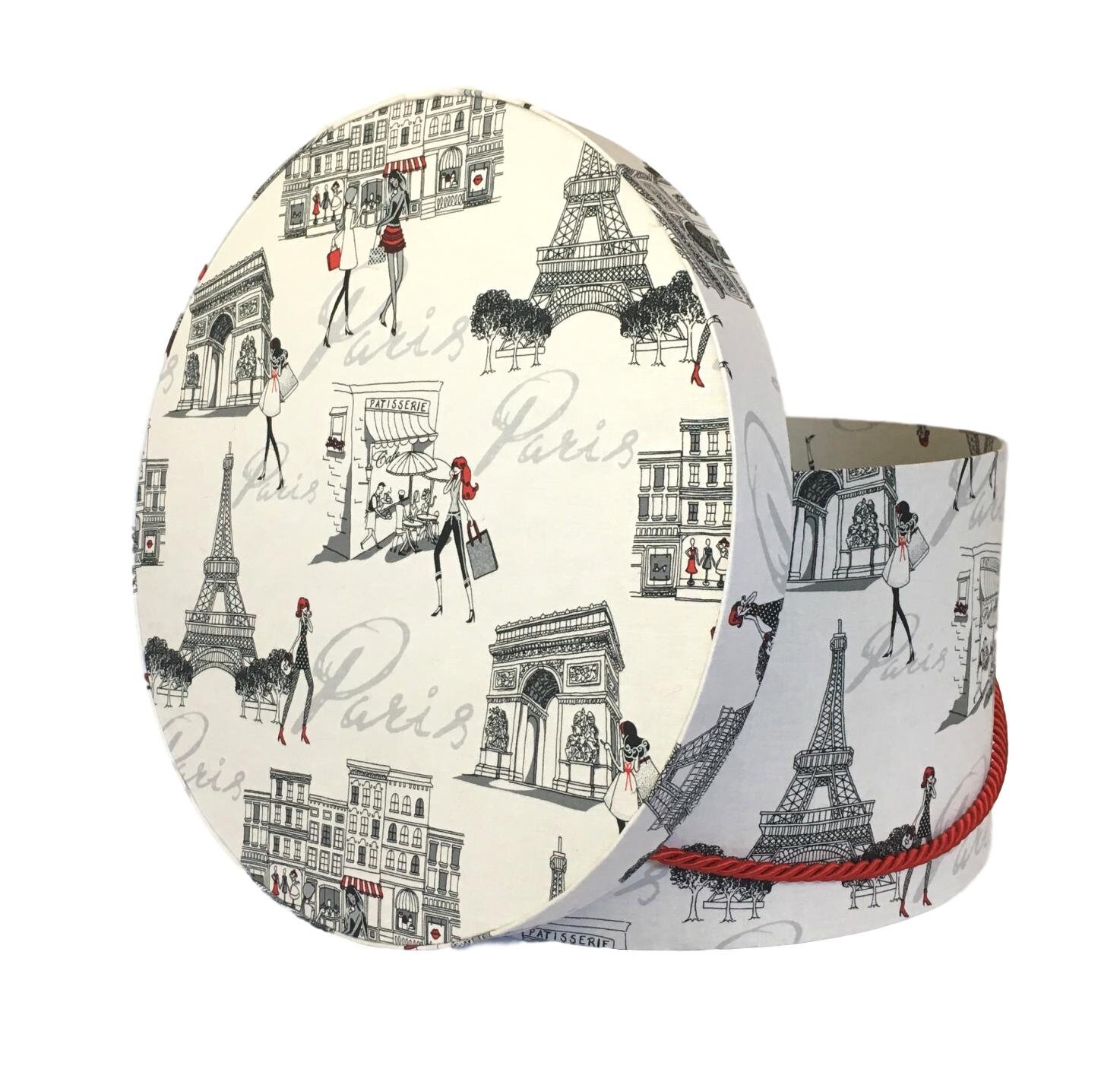 14” Hat Box in Paris Theme White, Black and Red Fabric
