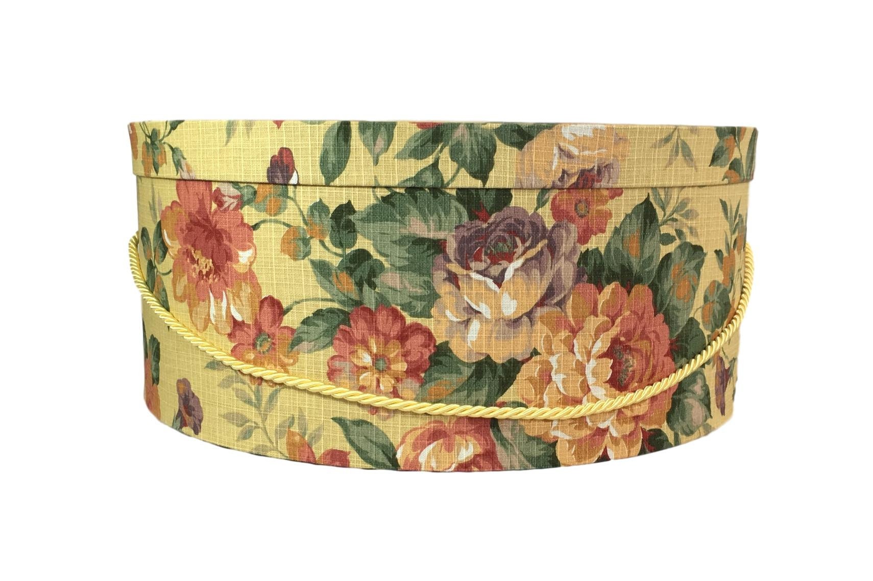 Extra Large 19” Hat Box in Multicolor Floral on Golden Yellow Fabric