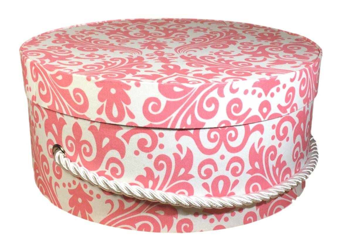 12” Hat Box in Pink Damask Fabric