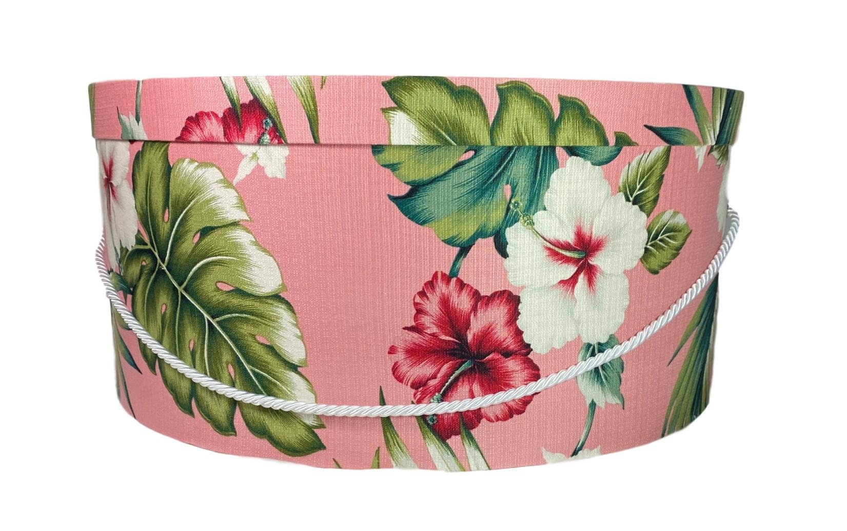 14” Hat Box in Pink Tropical Floral Fabric